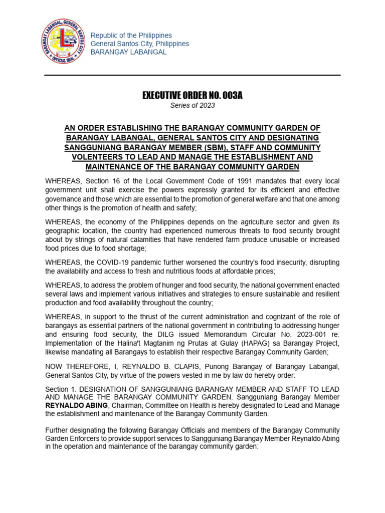 HAPAG Community Garden Executive Order | PDF | Food Security | Agriculture