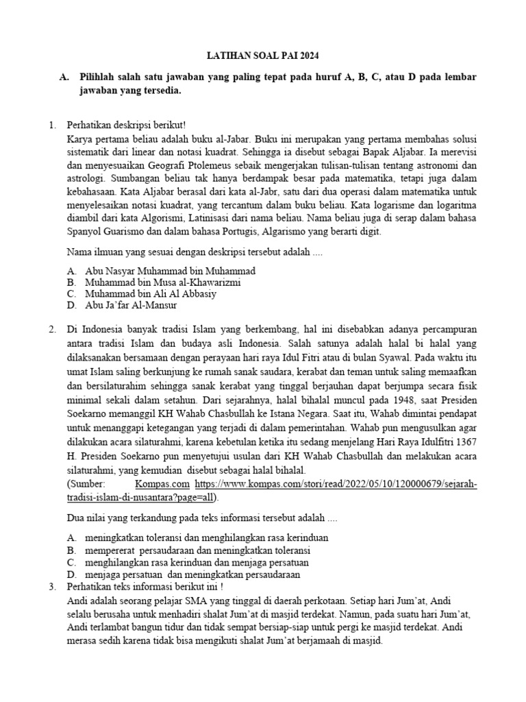 LATIHAN SOAL PAI 2024 | PDF