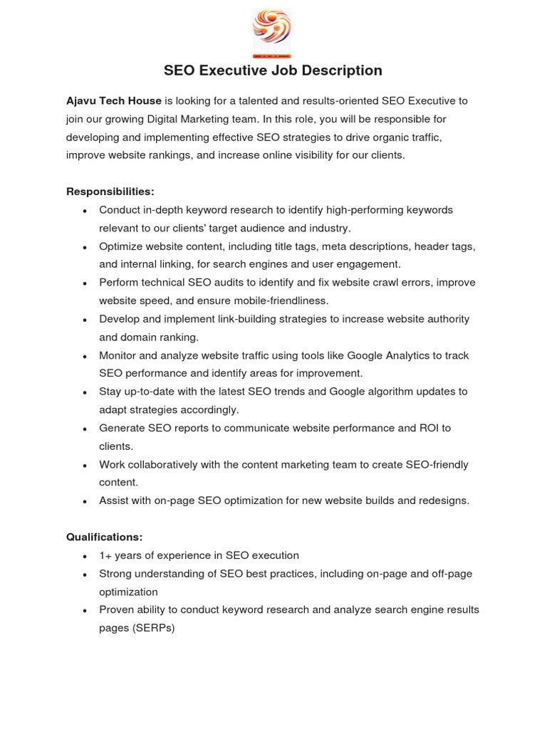 SEO Executive Job Description - Ajavu Tech House | PDF | Search Engine ...
