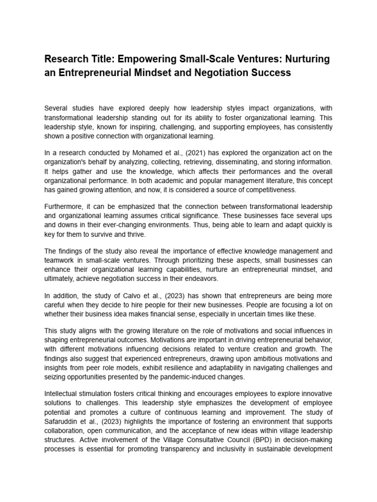 Empowering Small Scale Ventures - Nurturing An Entrepreneurial Mindset ...