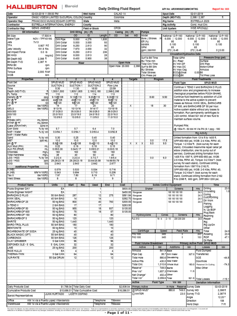 Drilling Fluid Report #3 - Calao 1X | PDF