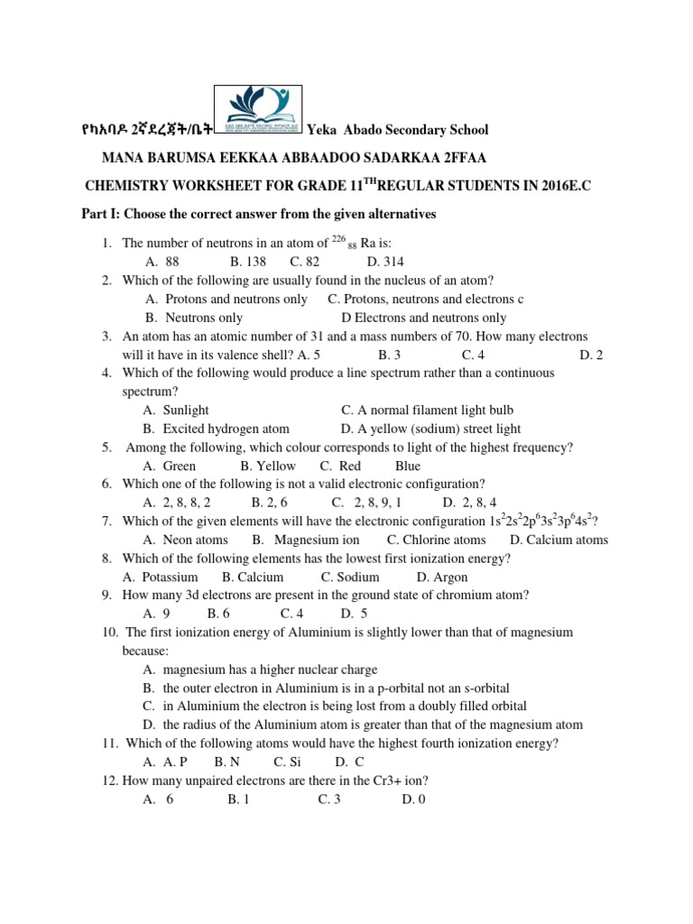 GRADE 11 CHEMISTRY WORKSHEET | PDF | Atoms | Electron