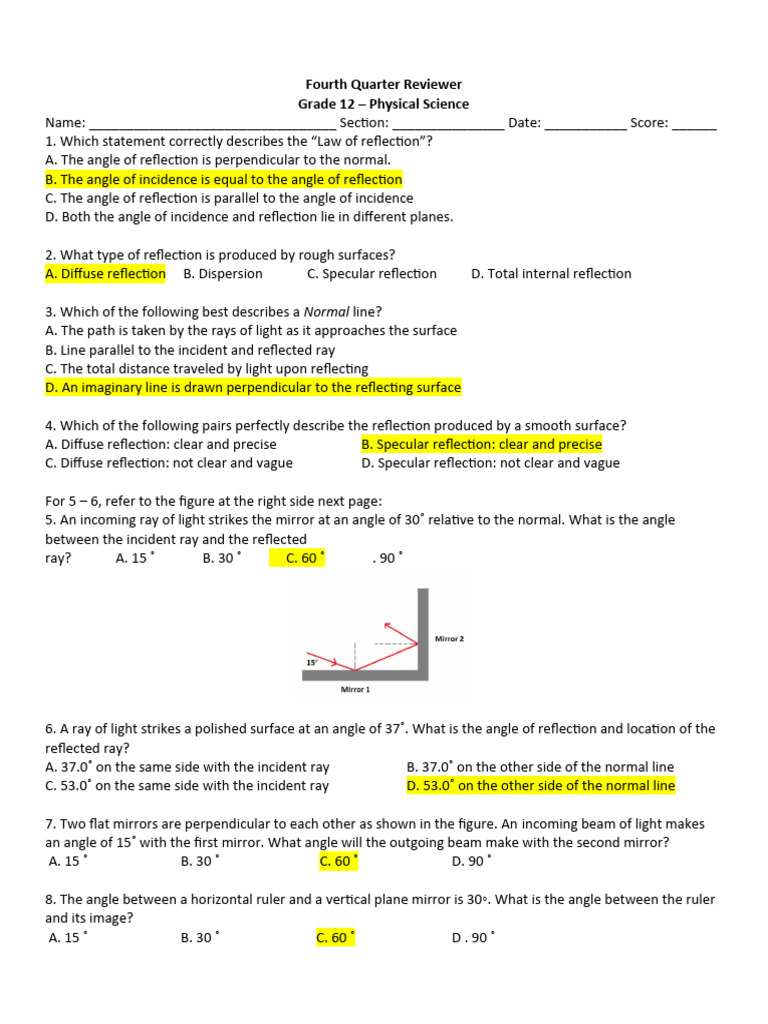 Grade 12 Physical Science Reviewer Q4 | PDF | Light | Mirror