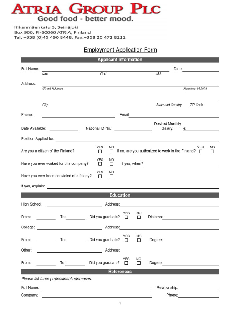 Atria Employment Application | PDF