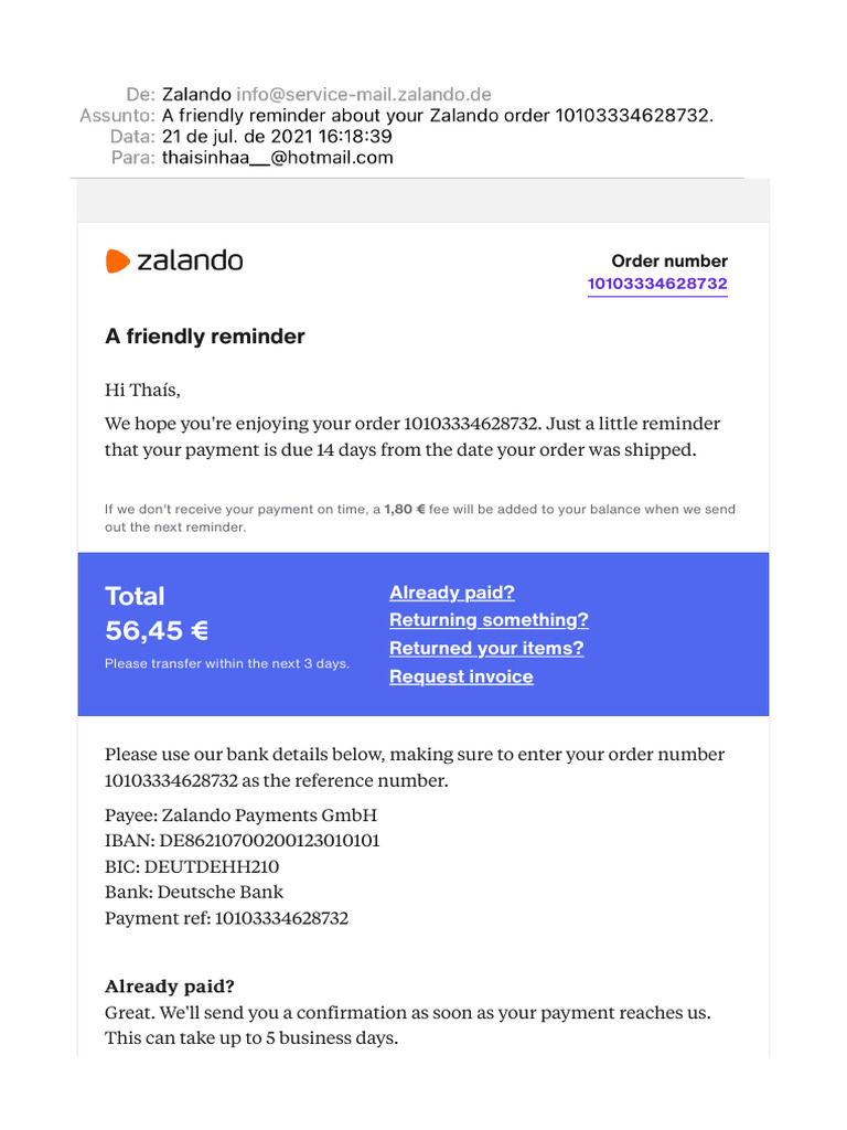 A Friendly Reminder About Your Zalando Order 10103334628732 | PDF ...