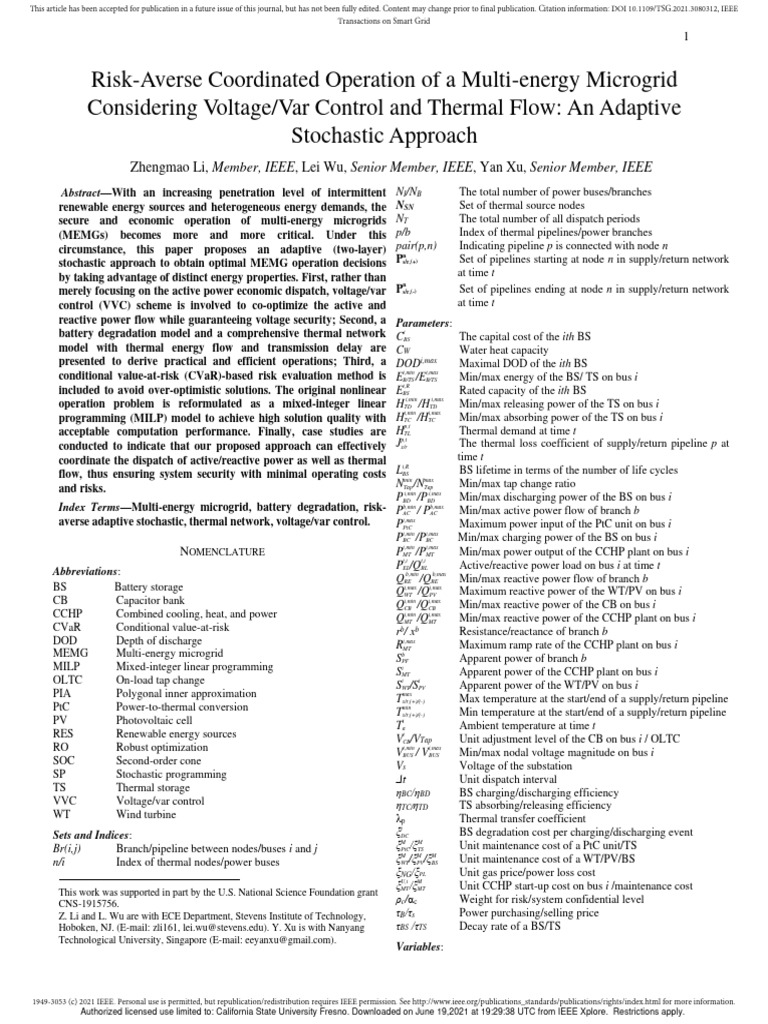 Risk Averse Coordinated Operation Of A Multi Energy Microgrid Considering Voltage Var Control