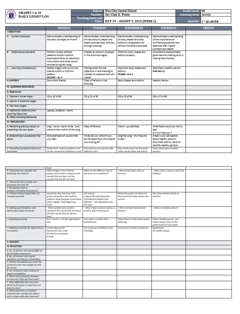 DLL - Mapeh 3 - Q1 - W1 | PDF | Learning | Cognitive Science