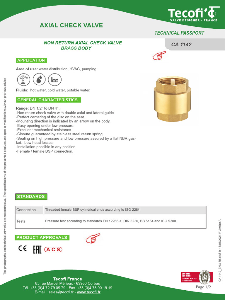 Tecofi CA 1142 Axial Check Valve | PDF | Valve | Equipment