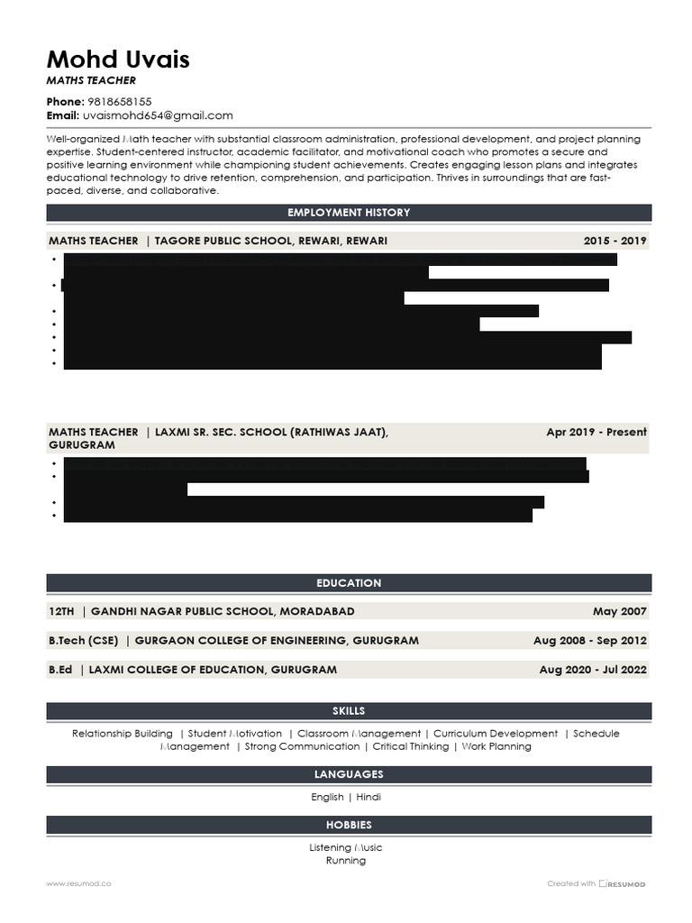 Mohd - Uvais - MATHS TEACHER | PDF | Teachers | Lesson Plan
