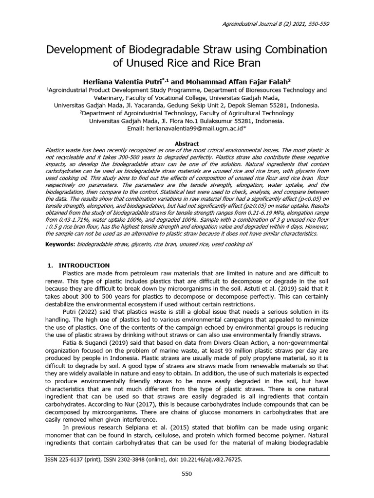 Development of Biodegradable Straw Using | PDF | Materials