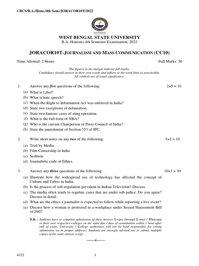 Journalism and Mass Communication cc10 Wbsu Question Paper | PDF ...
