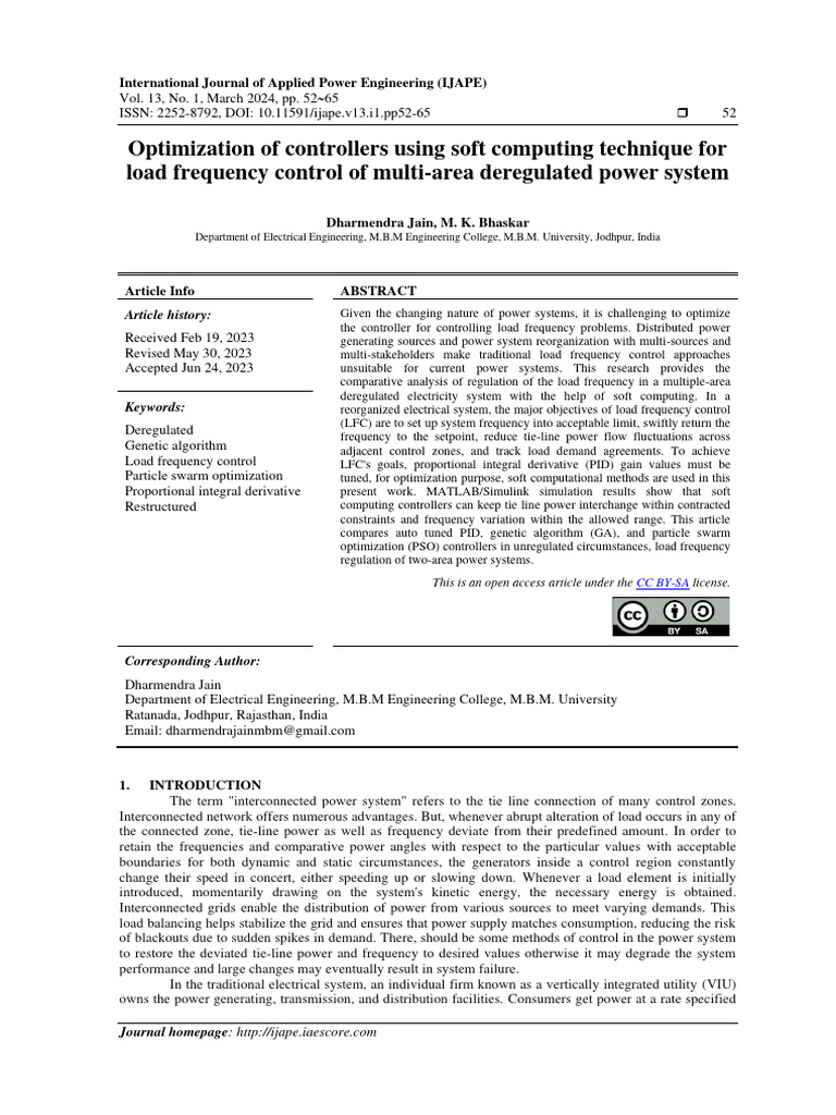 Optimization of Controllers Using Soft Computing Technique For Load Frequency Control of Multi ...