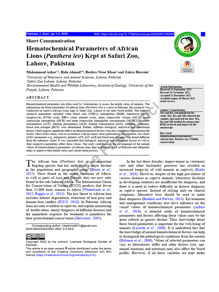 Hematochemical Parameters of African | PDF | Alanine Transaminase | Lion