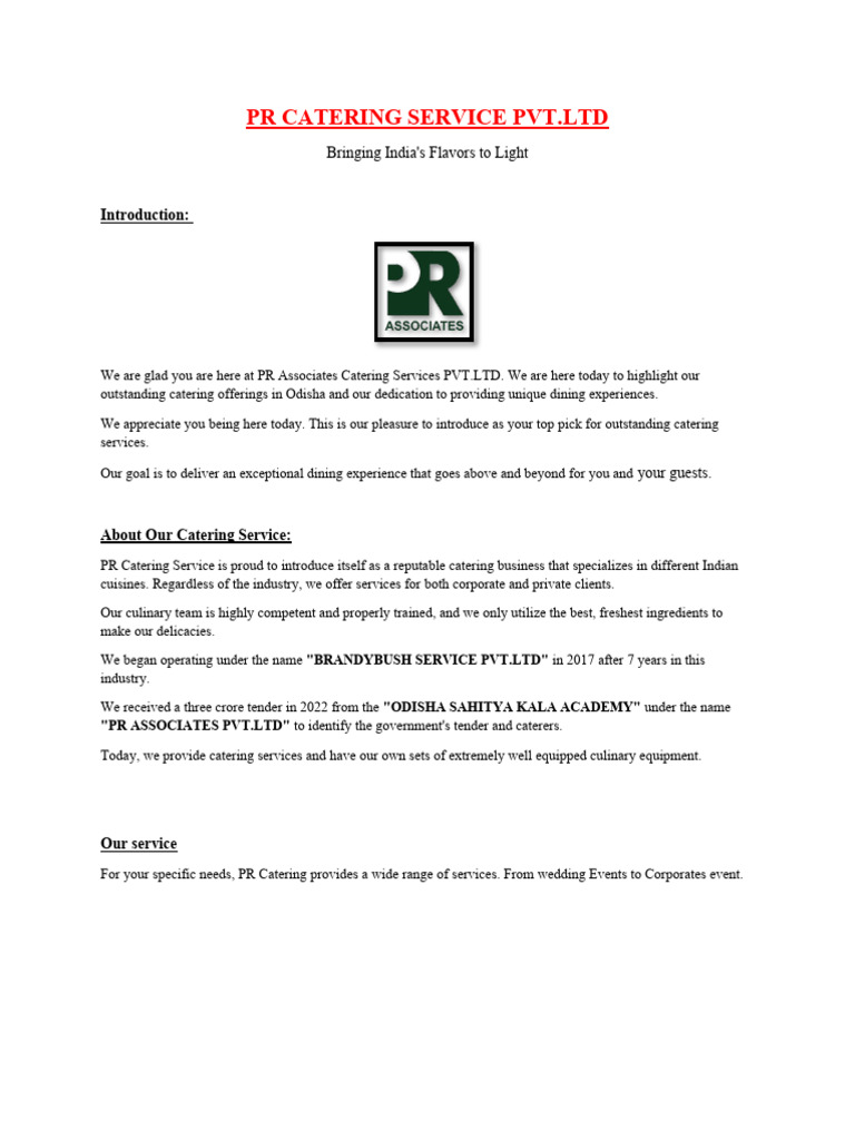 PR Catering Service PVT | PDF | Cuisine | Restaurants