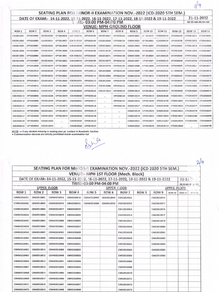 Seating Plan For Icd 2020 5TH Sem Nov 2022 | PDF