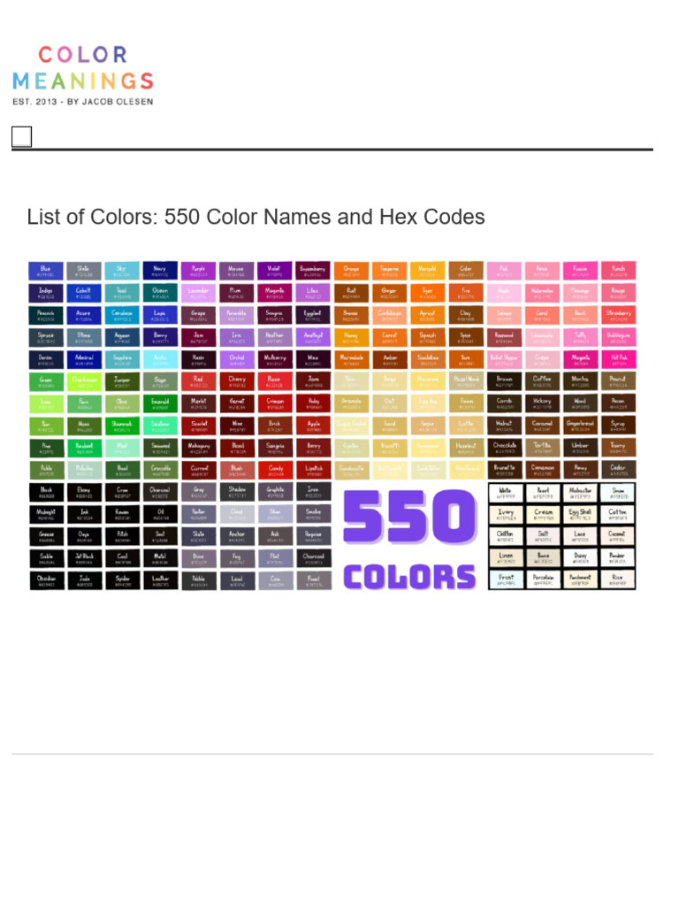 List of Colors 550 Color Names and Hex Codes - Color Meanings | PDF ...