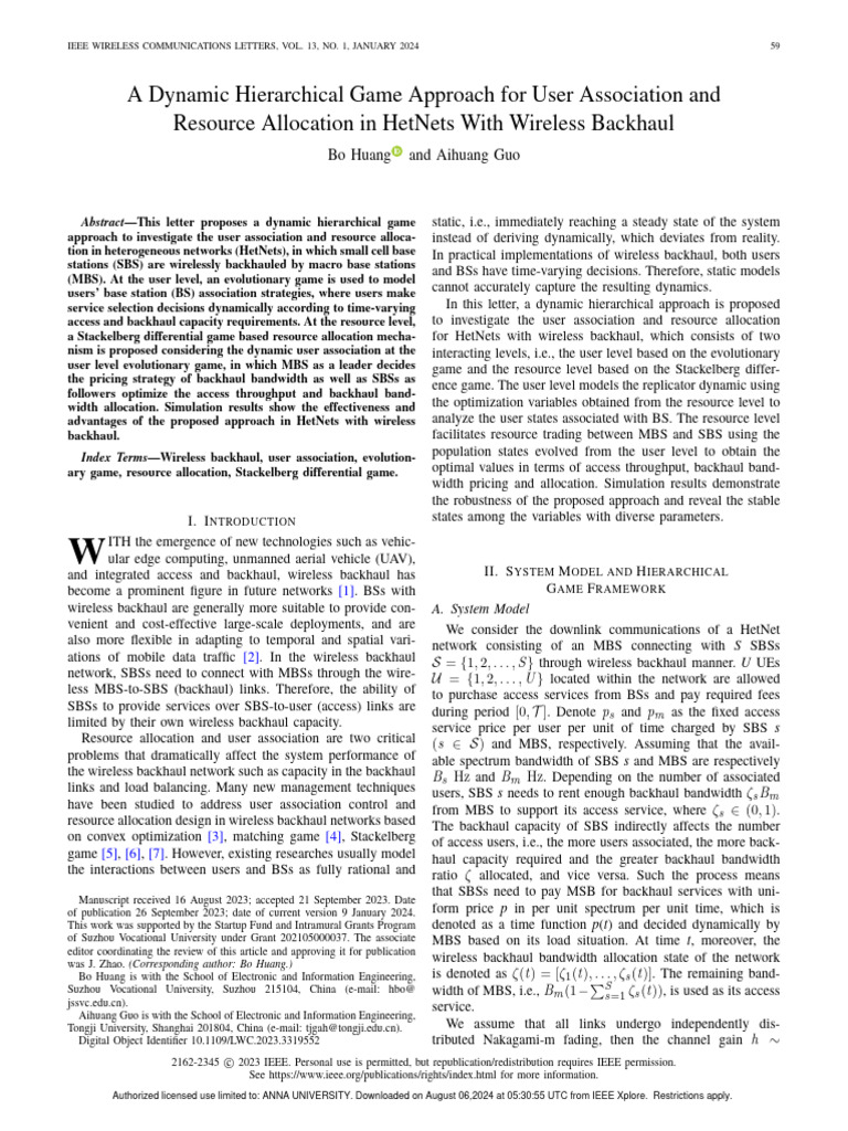 A Dynamic Hierarchical Game Approach For User Association And Resource Allocation In Hetnets