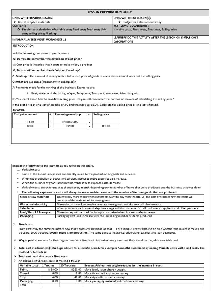 Lesson Preparation Guide - Simple Cost Calculation | PDF | Expense ...