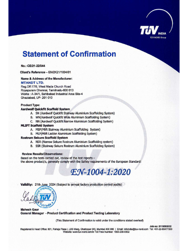 EN1004 Certificate - MAPS | PDF