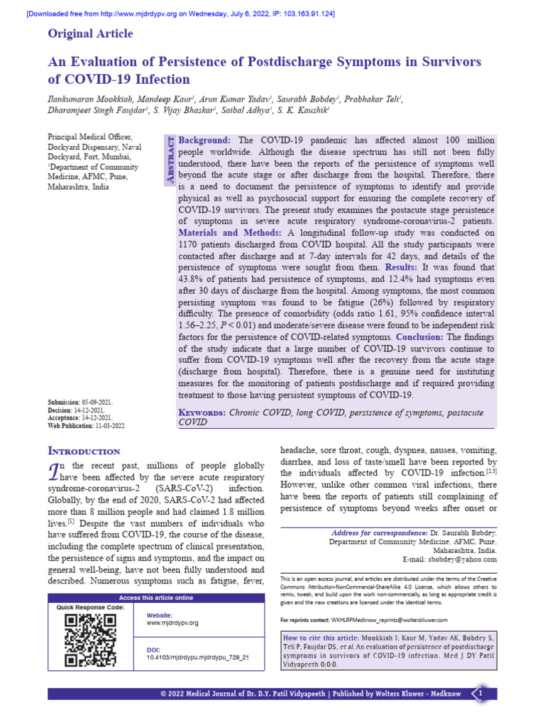 An Evaluation of Persistence of Postdischarge Symptoms in Survivors of COVID 19 Infection | PDF ...