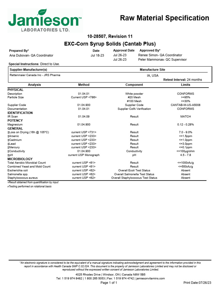Corn Syrup Solids Specification Document | PDF | Physical Sciences