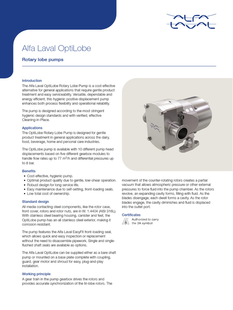 Optilobe Rotary Lobe Pump Product Leaflet | PDF | Pump | Turbine