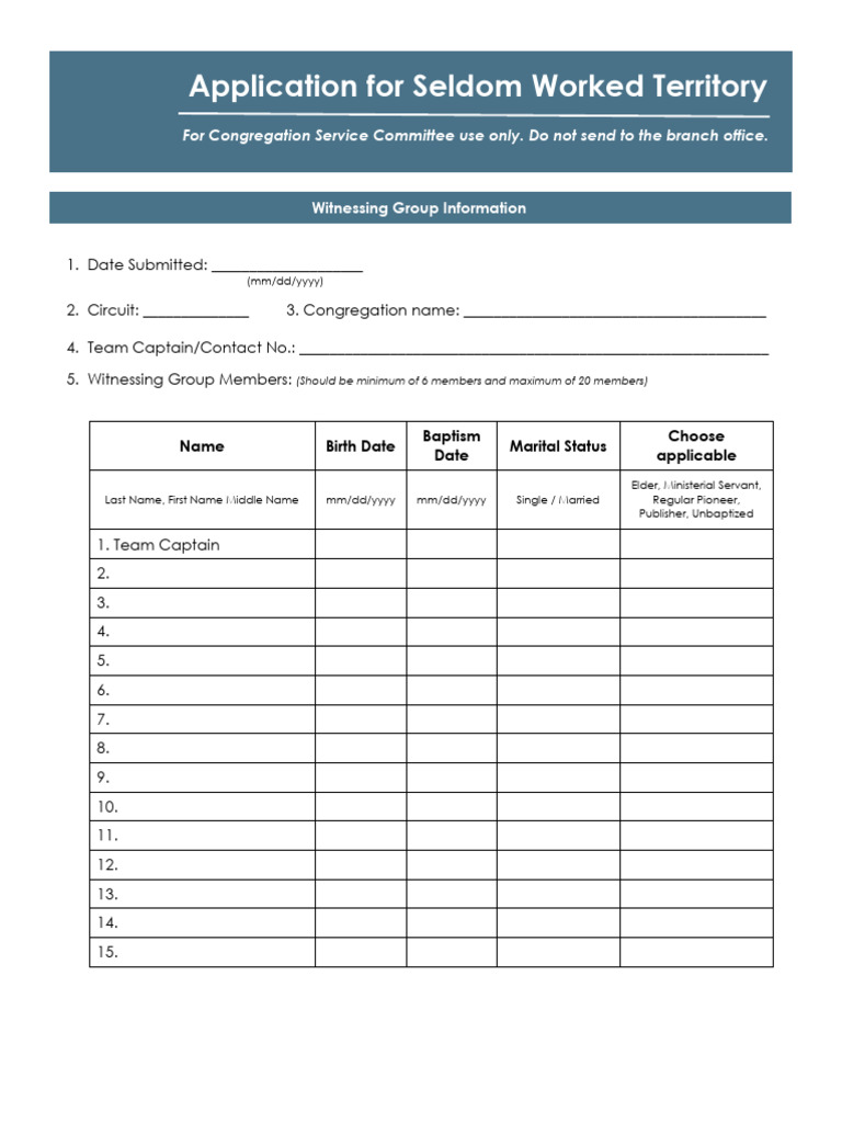 Application for Seldom Worked Territory | PDF | Rites Of Passage | Baptism