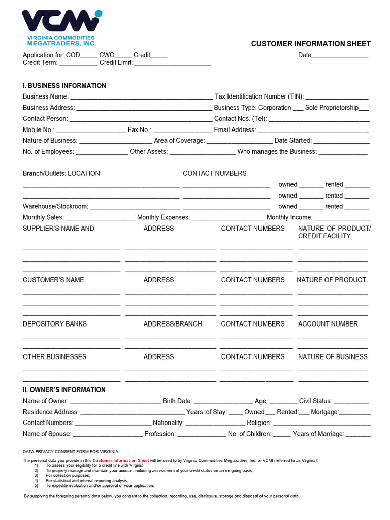 VCMI Customer Information Sheet - Final - 1 | PDF | Goods | Business