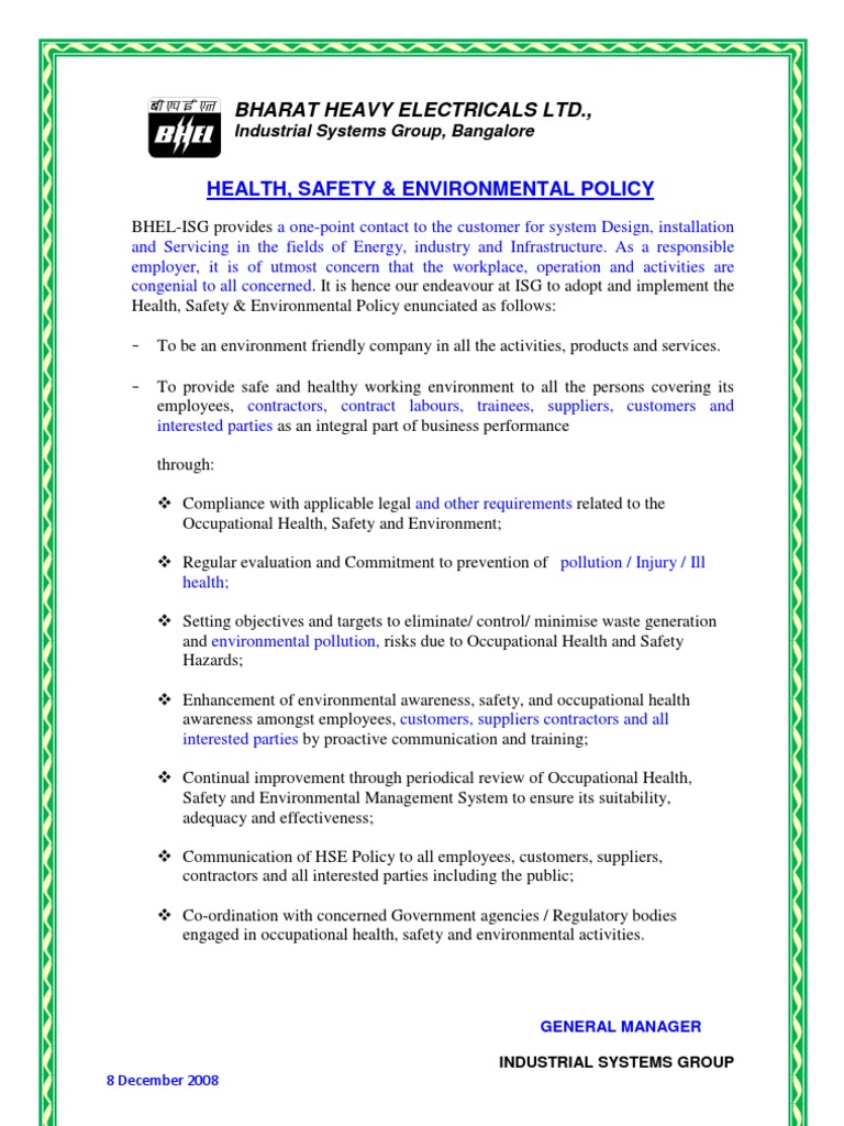 BHEL ISG Health, Safety & Environment Policy | PDF | Business | Finance ...