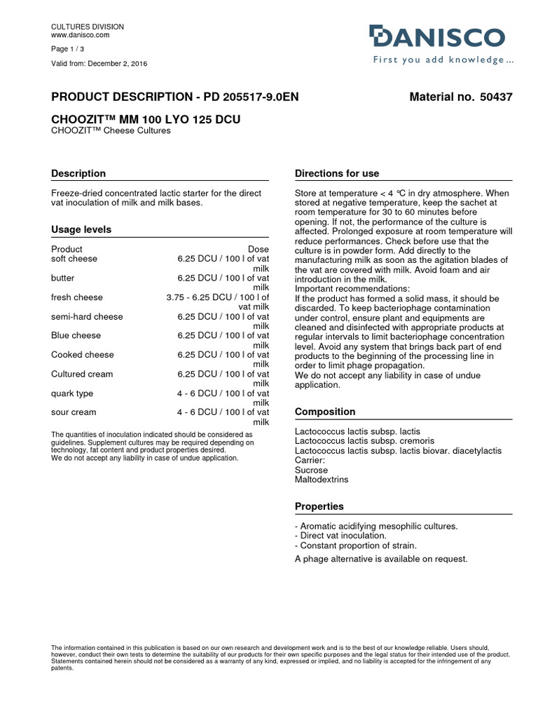 Culture 50437 Choozit MM 100 LYO Spec Allergen GMO | PDF | Genetically Modified Organism