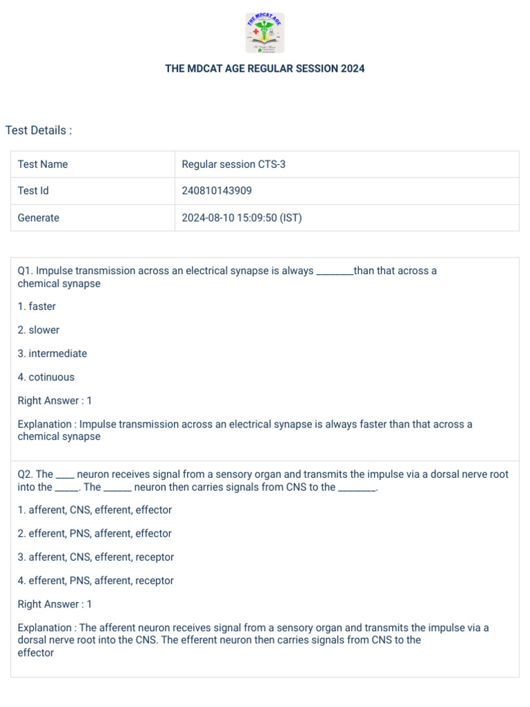 Teacher Copy CTS-3 Regular Session 2024 | PDF | Neuron | Bone