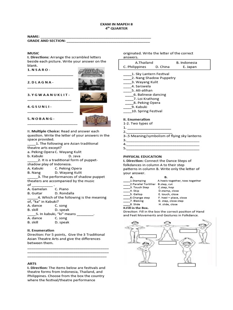 MAPEH 8 Exam: 4th Quarter Overview | PDF | Performing Arts