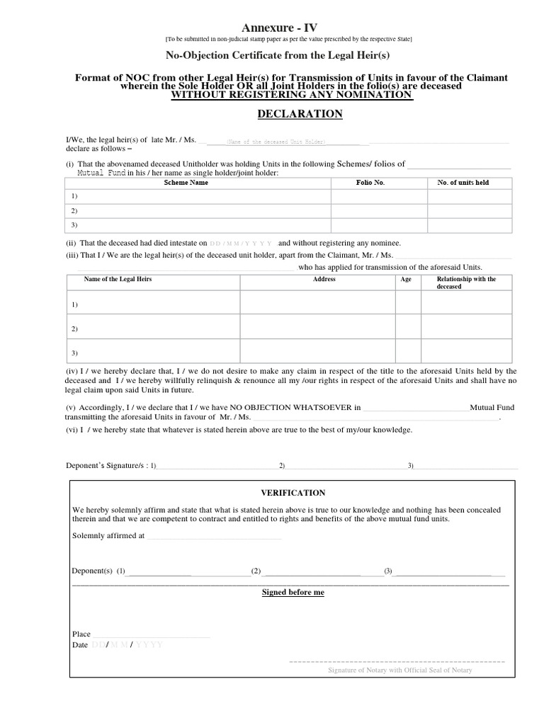 Annexure-IV - NOC From Other Legal Heirs | PDF | Legal Documents ...