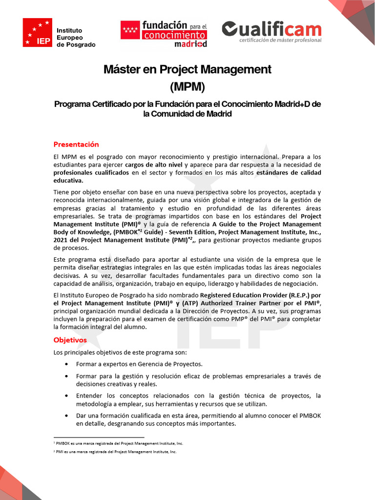 Máster en Project Management (MPM) | PDF | Gestión de proyectos | Business