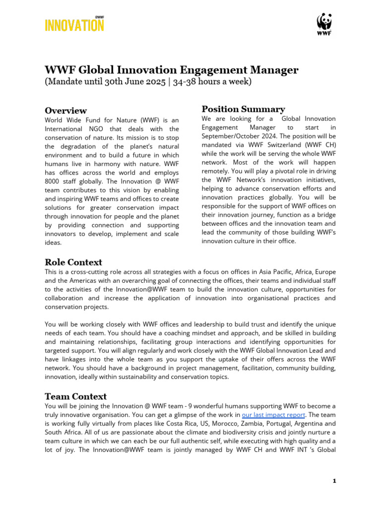 WWF Global Innovation Engagement Manager- July 2024.docx | PDF | Cost Of Living | World Wide ...