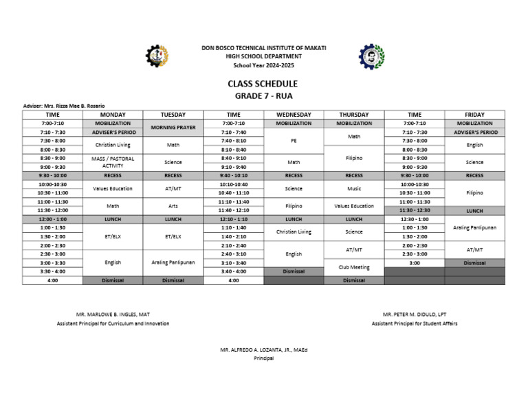 Class Schedule: Grade 7 - Rua | PDF