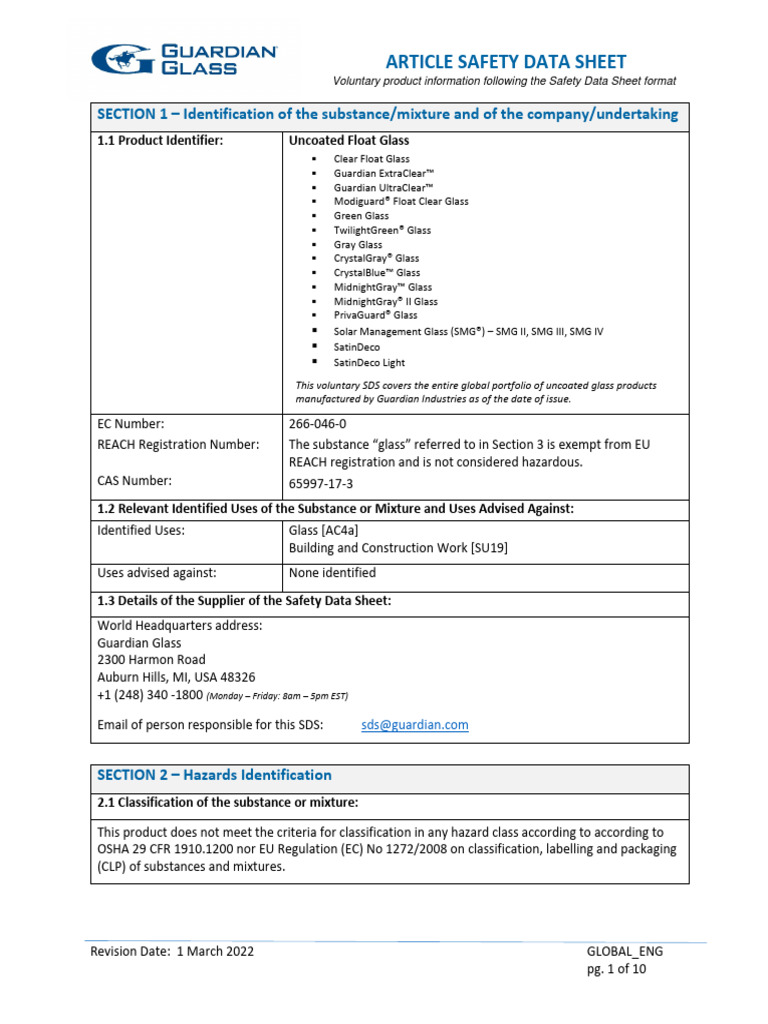 Uncoated Float Glass SDS - Global - ENG - 2022 | PDF | Dangerous Goods ...