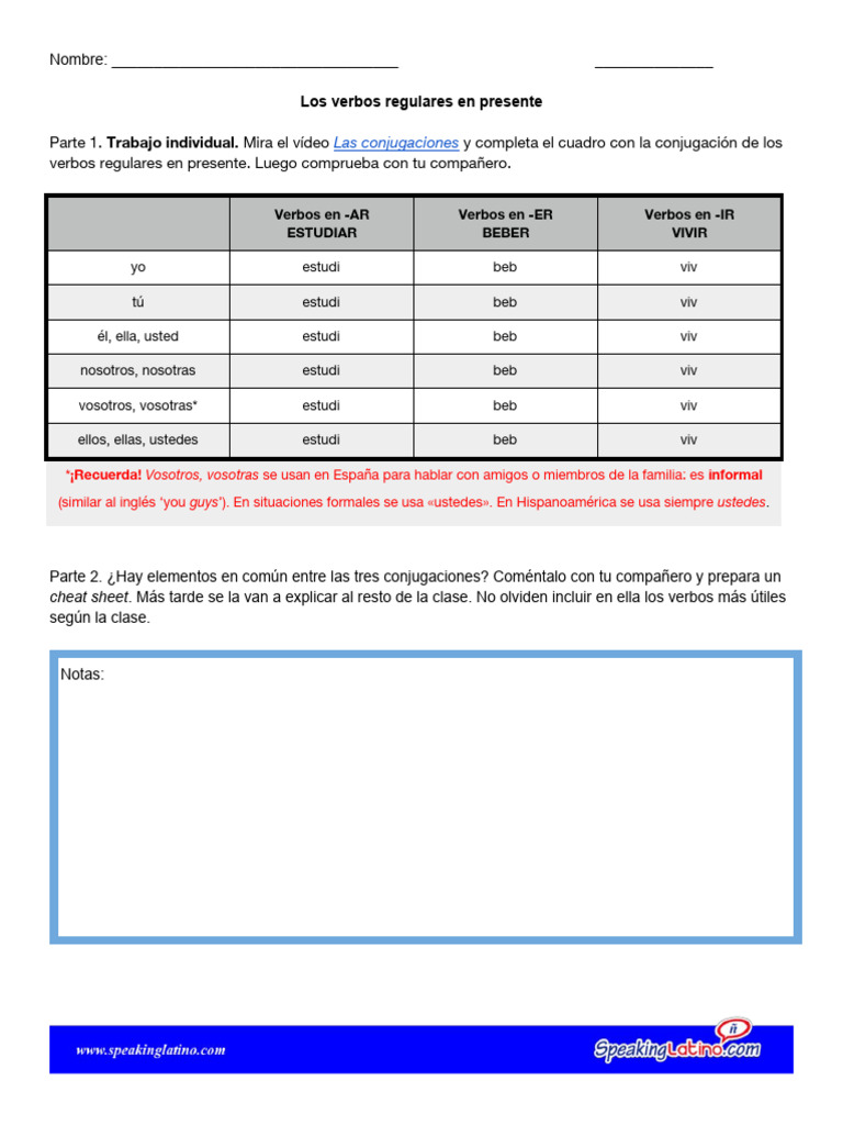 Copia de Ficha 2 - Los Verbos Regulares en Presente | PDF