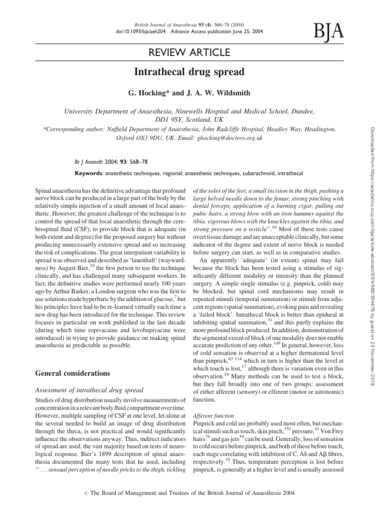 Intrathecal drug spread 2004 | PDF | Cerebrospinal Fluid | Anesthesia