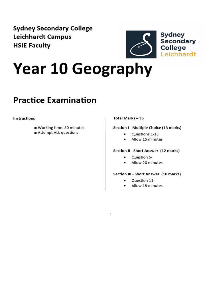 Year 10 Geography Practice Exam | PDF