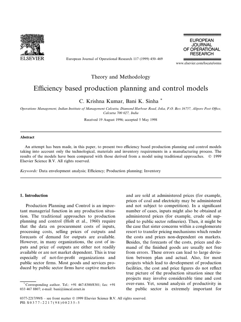 Efficiency Based Production Planning and Control Models | PDF ...