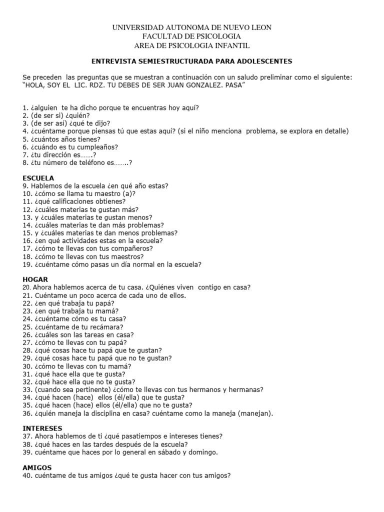 Entrevista Adolescente | PDF