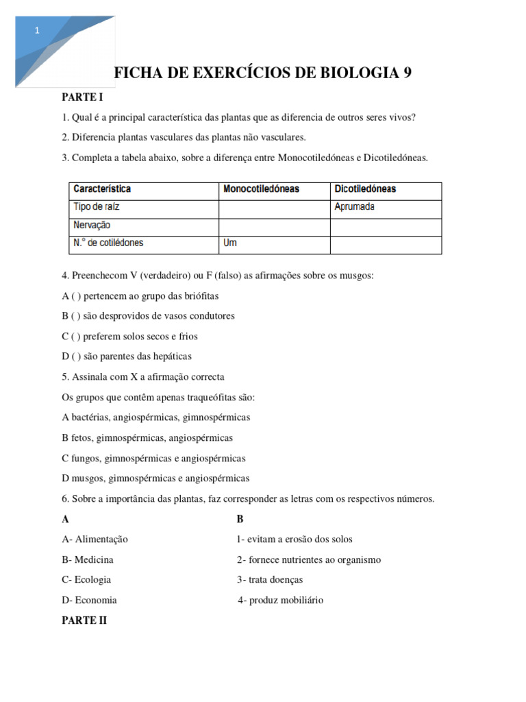 Ficha de Exercicio Bio 9 | PDF | Célula (Biologia) | Plantas