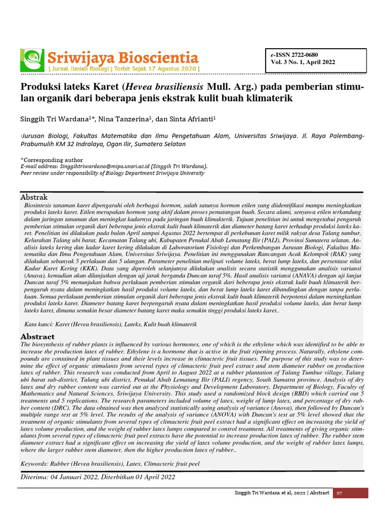 Produksi Lateks Karet (Hevea Brasiliensis Mull. Arg.) Pada Pemberian ...