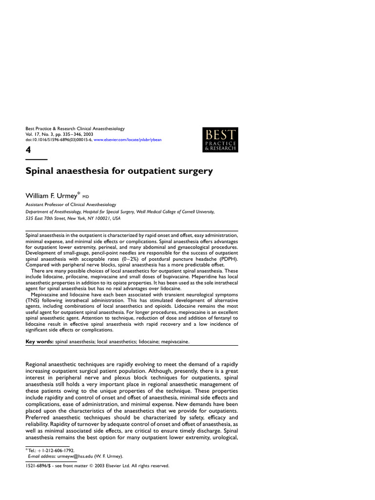 Spinal Anaesthesia For Outpatient Surgery 2003 Pdf Anesthesia