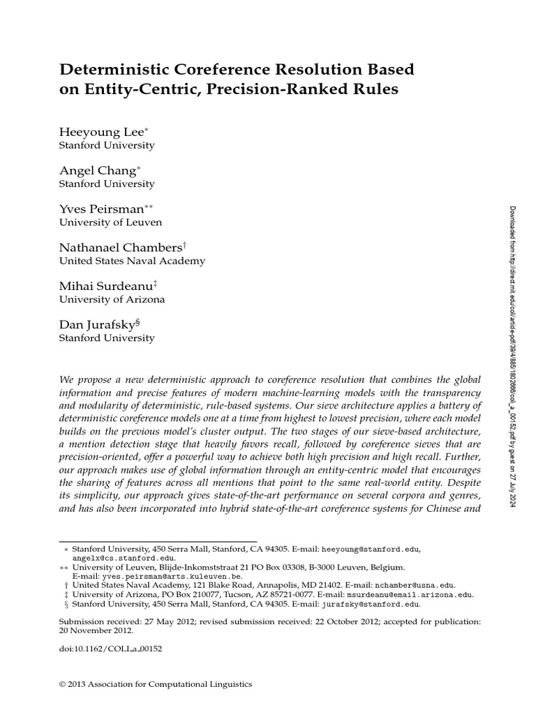 Deterministic Coreference Resolution Based On Entity-Centric, Precision-Ranked Rules | PDF ...