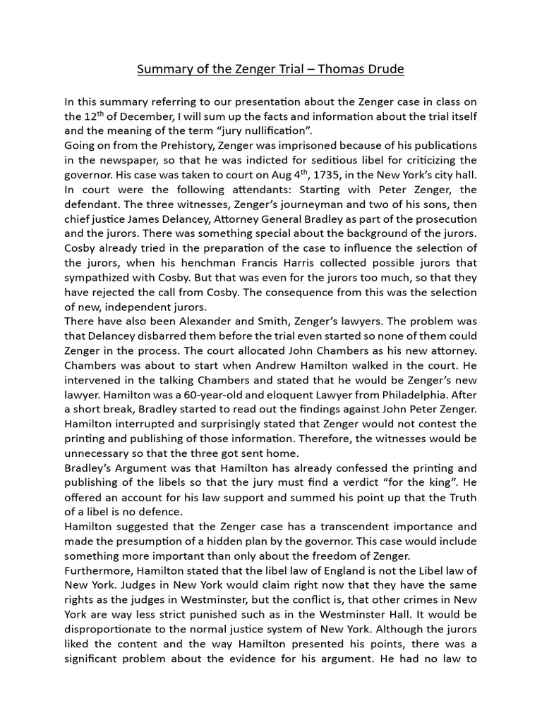 Summary of The Zenger Trial | PDF | Public Law | Criminal Procedure