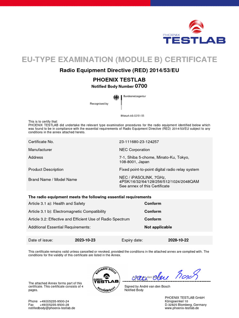 EU Type Examination Certificate for NEC Radio Equipment | PDF ...