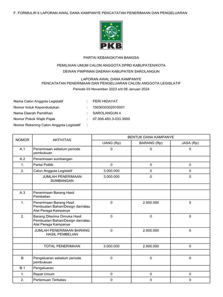 Laporan Dana Kampanye Peri Hidayat | PDF | Pengelolaan Keuangan & Uang
