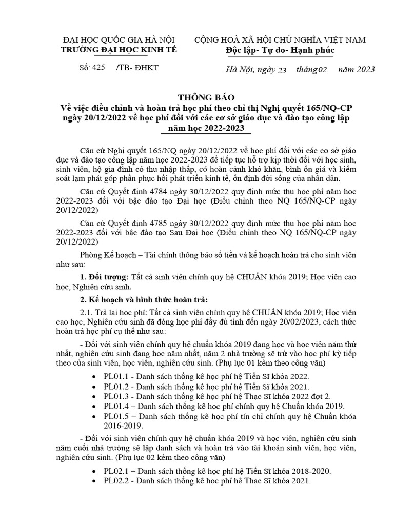 Signed.Signed.Signed.CV - Thông báo cho sinh viên hoàn trả học phí sau NQ 165 | PDF